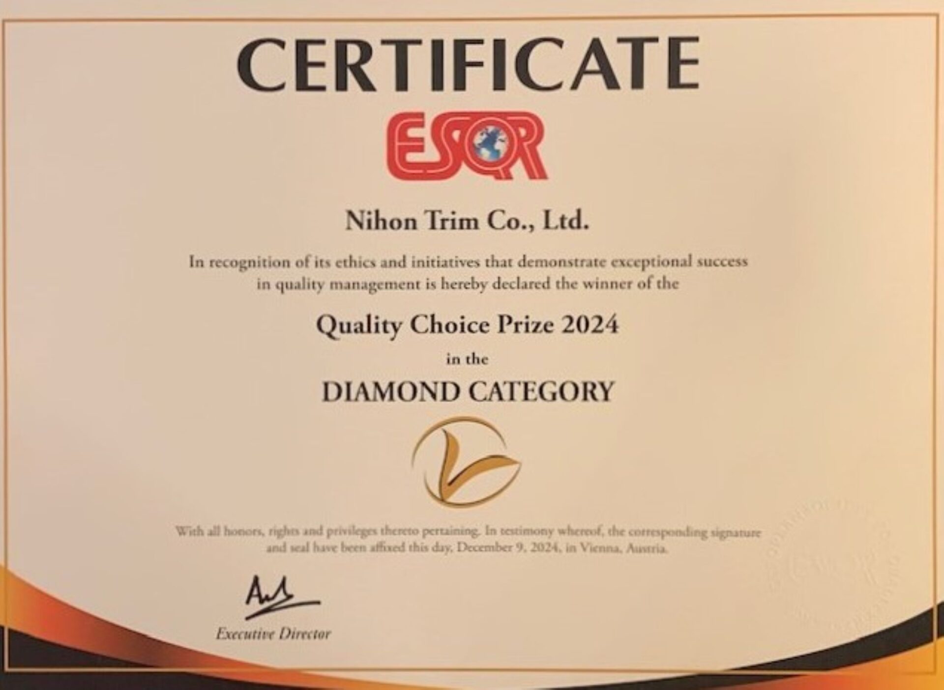 ヨーロッパの品質評価機関ESQR（ヨーロッパ品質研究協会）から 日本トリムが「Quality Choice Prize2024」を受賞 ...